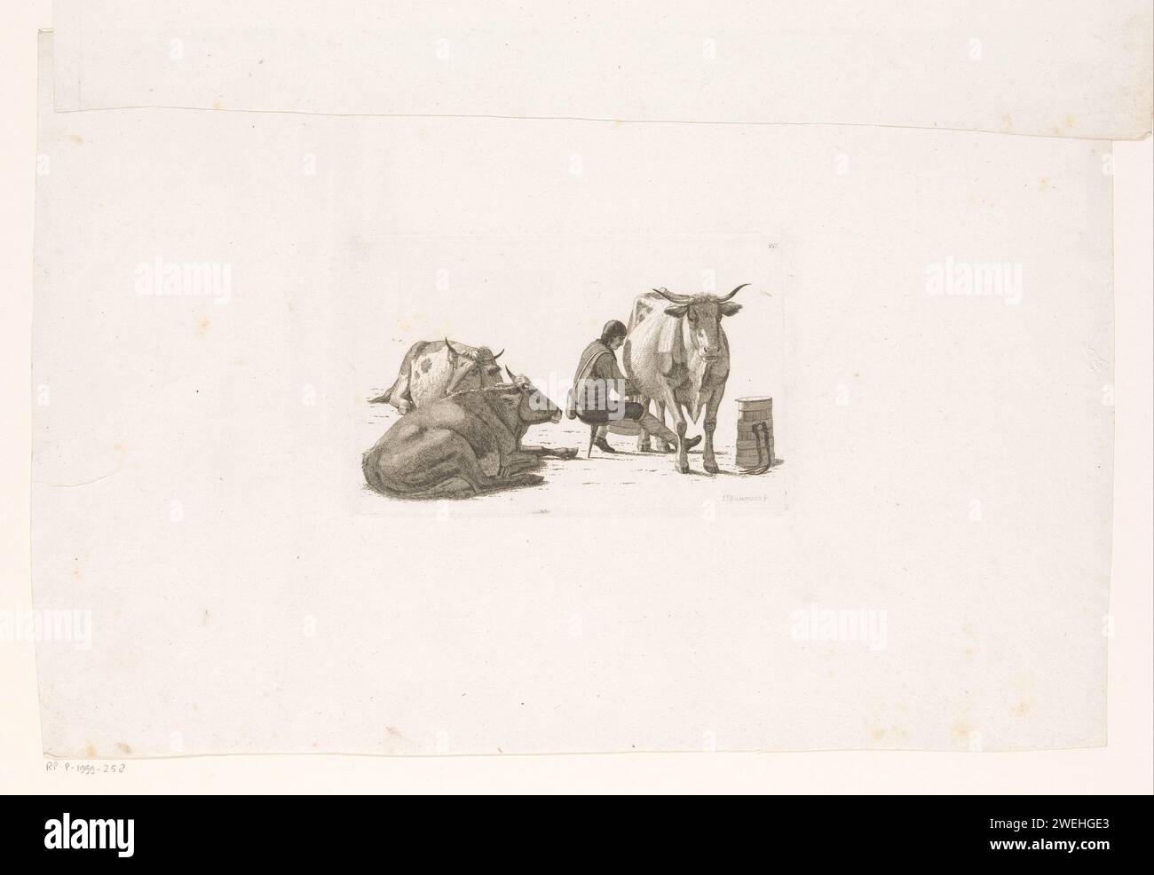 Farmer who milks a cow and two lying cattle, Johan Jakob Biedermann ...