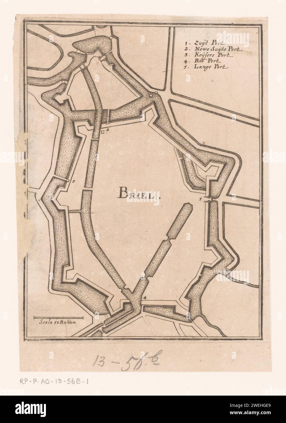 Fortress map of Brielle, Caspar Merian, after Johann Merck, 1654 - c. 1700 print Bottom left a ...
