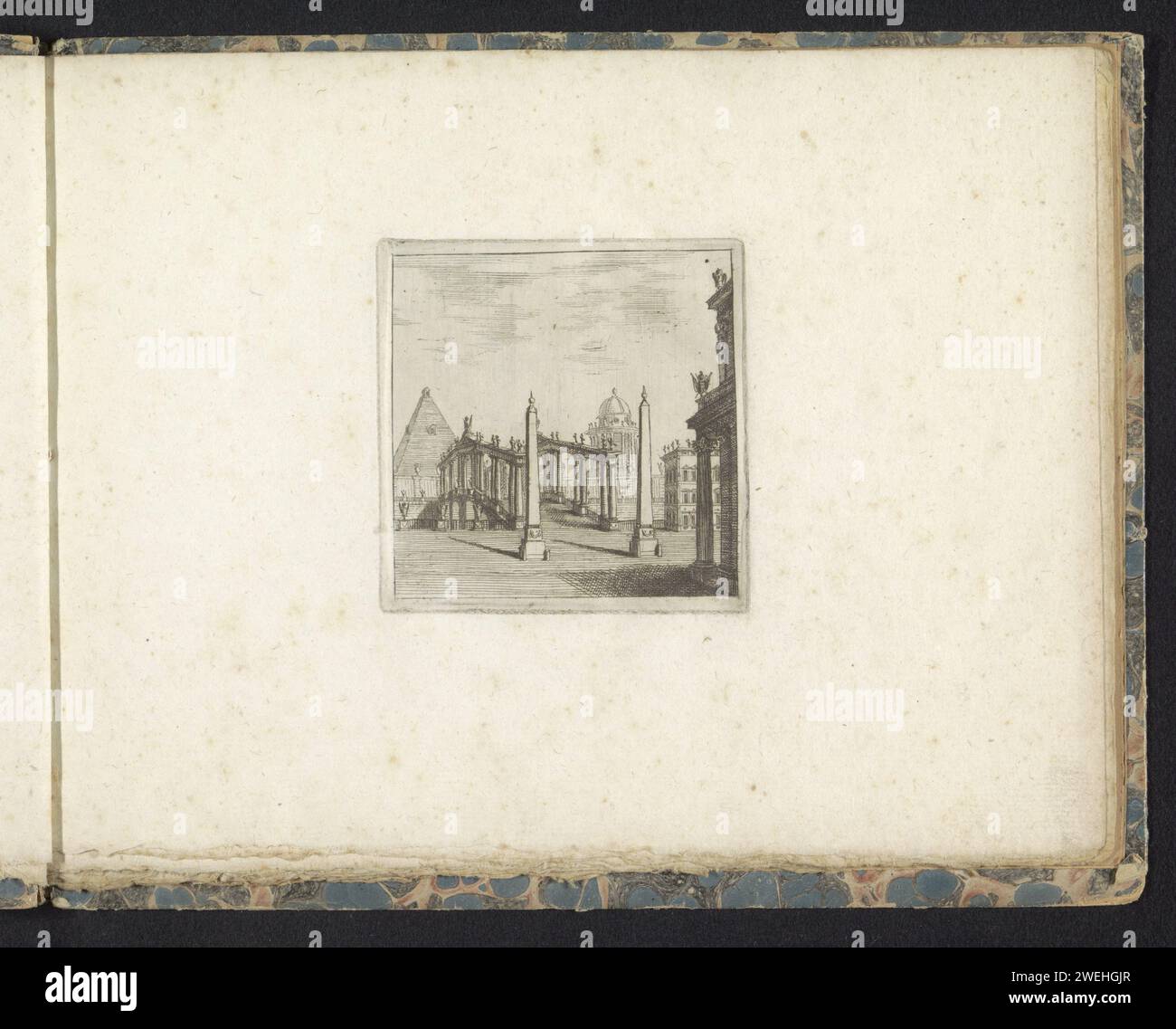 Decor design with a bridge, obelisks and a pyramid, anonymous, c. 1750 ...