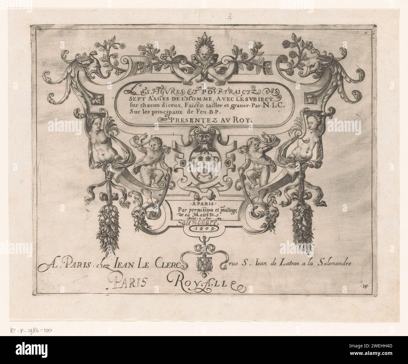 Title print with cartouche and ornamental list of putti, monogrammist ...