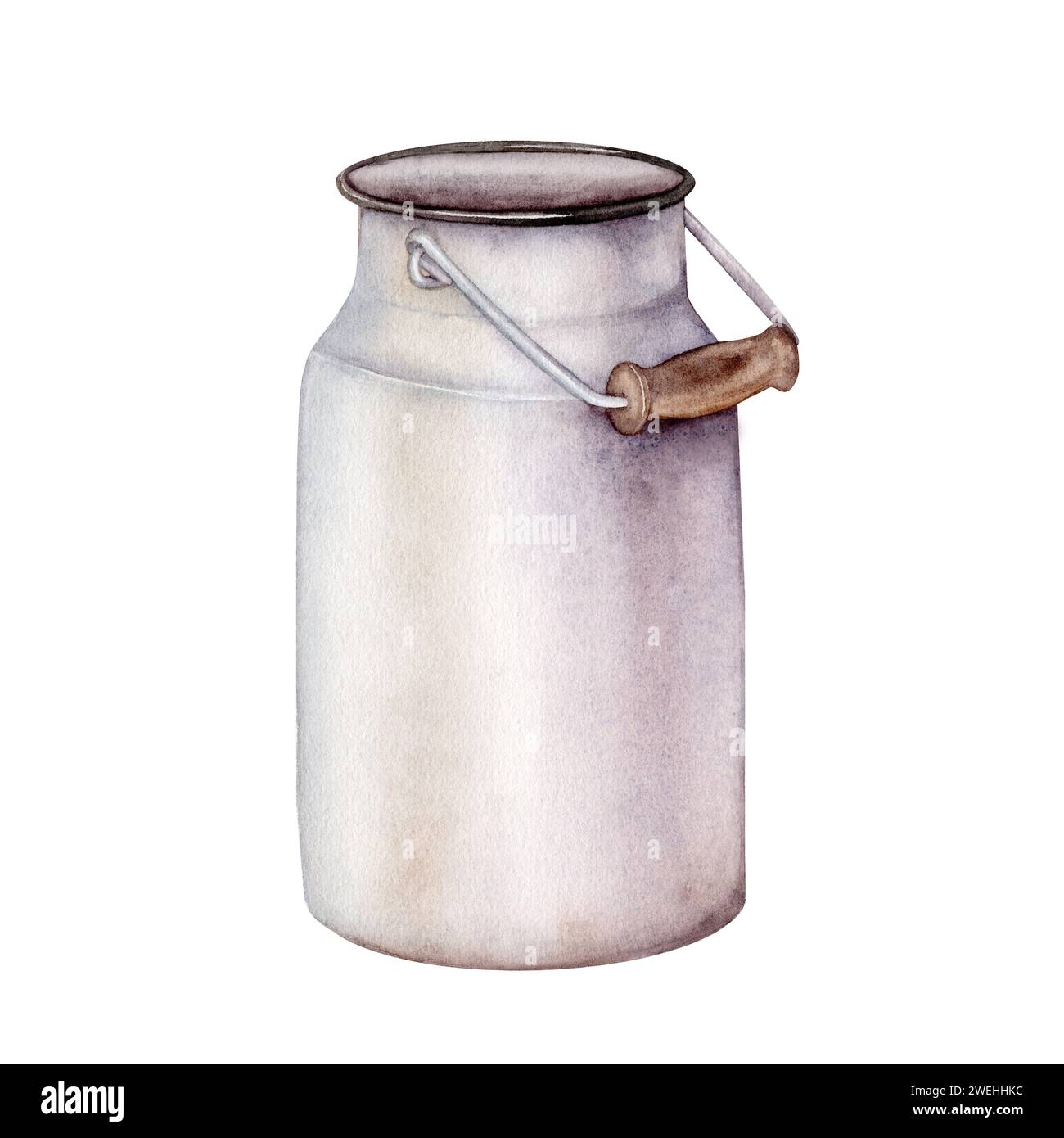 Watercolor illustration metal can for milk. Container painted in ...