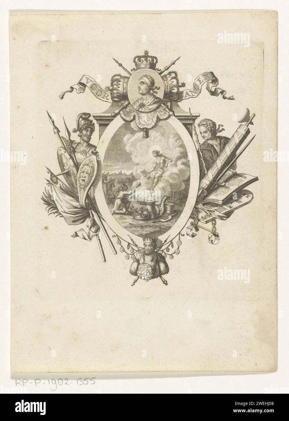 Apollo sitting on clouds and kneeling figure, 1722 print Vignette with ...
