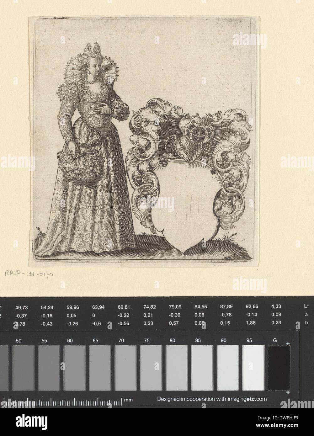Weapon template with beautifully dressed lady, 1596 print paper ...