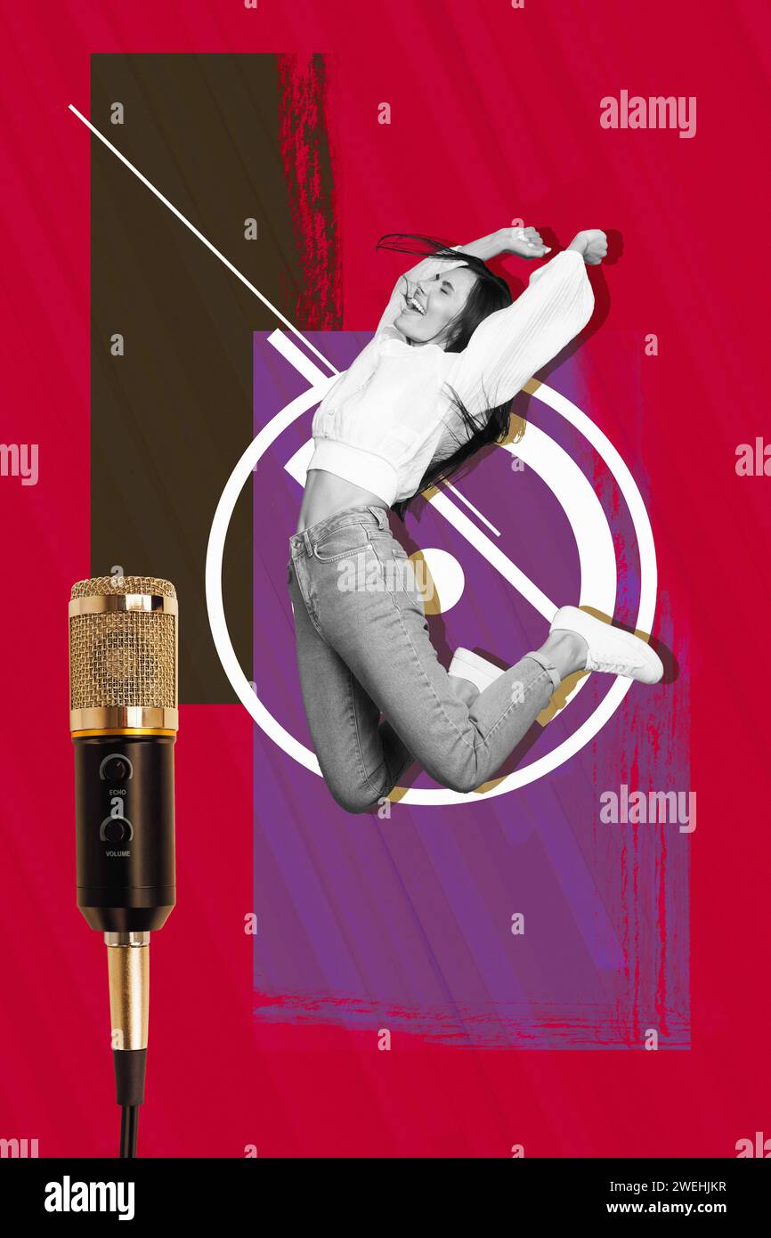 Vertical creative photo image dancing young girl overjoyed feeling ...