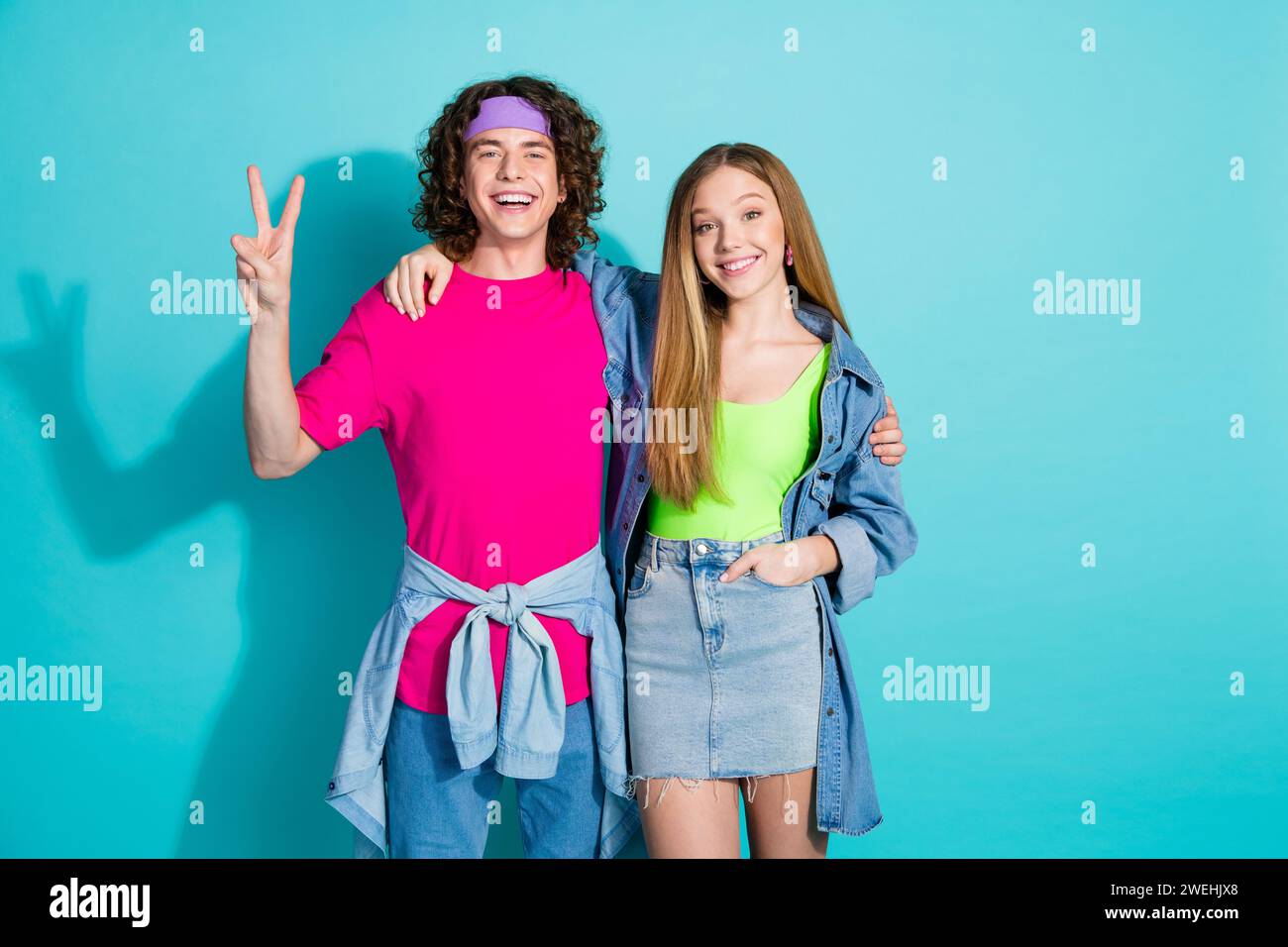 Portrait of two best friends youngster curly hair guy and blonde lady ...