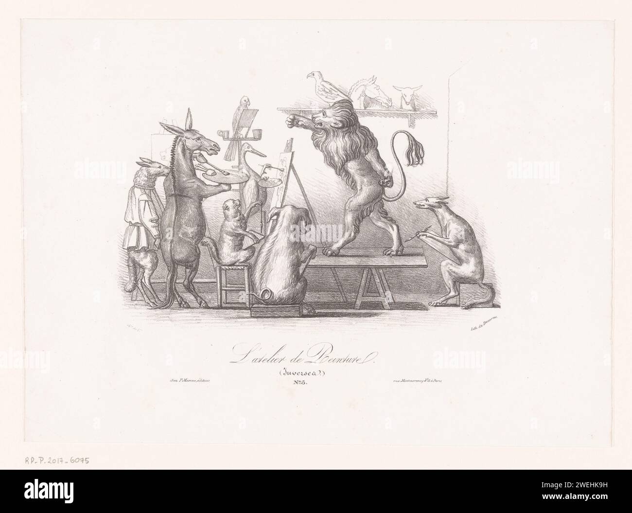 Atelier with different animals that paint a lion, Pierre François ...