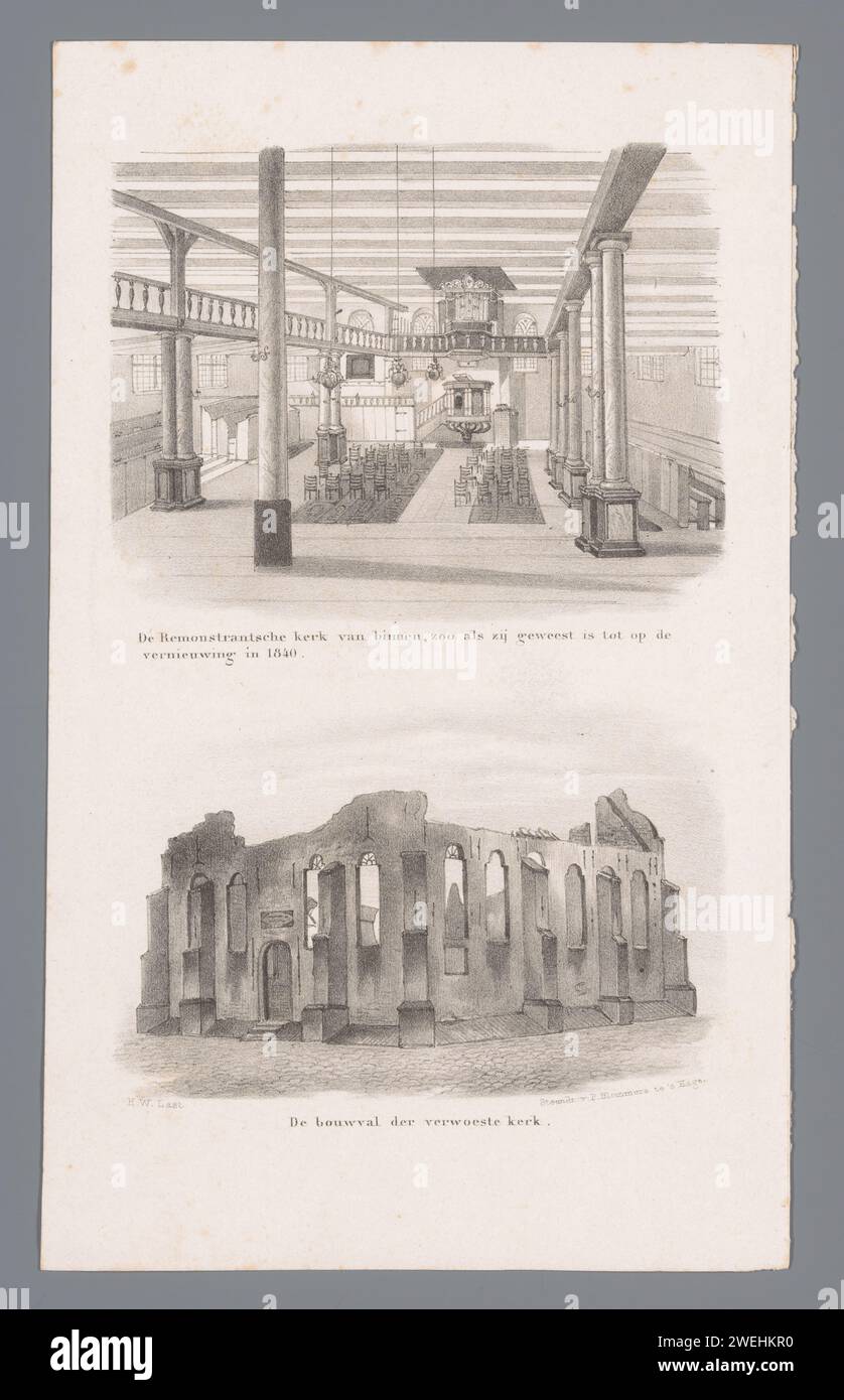 Interior of the Remonstrant Church and Bouwval van de Destroyed Church ...