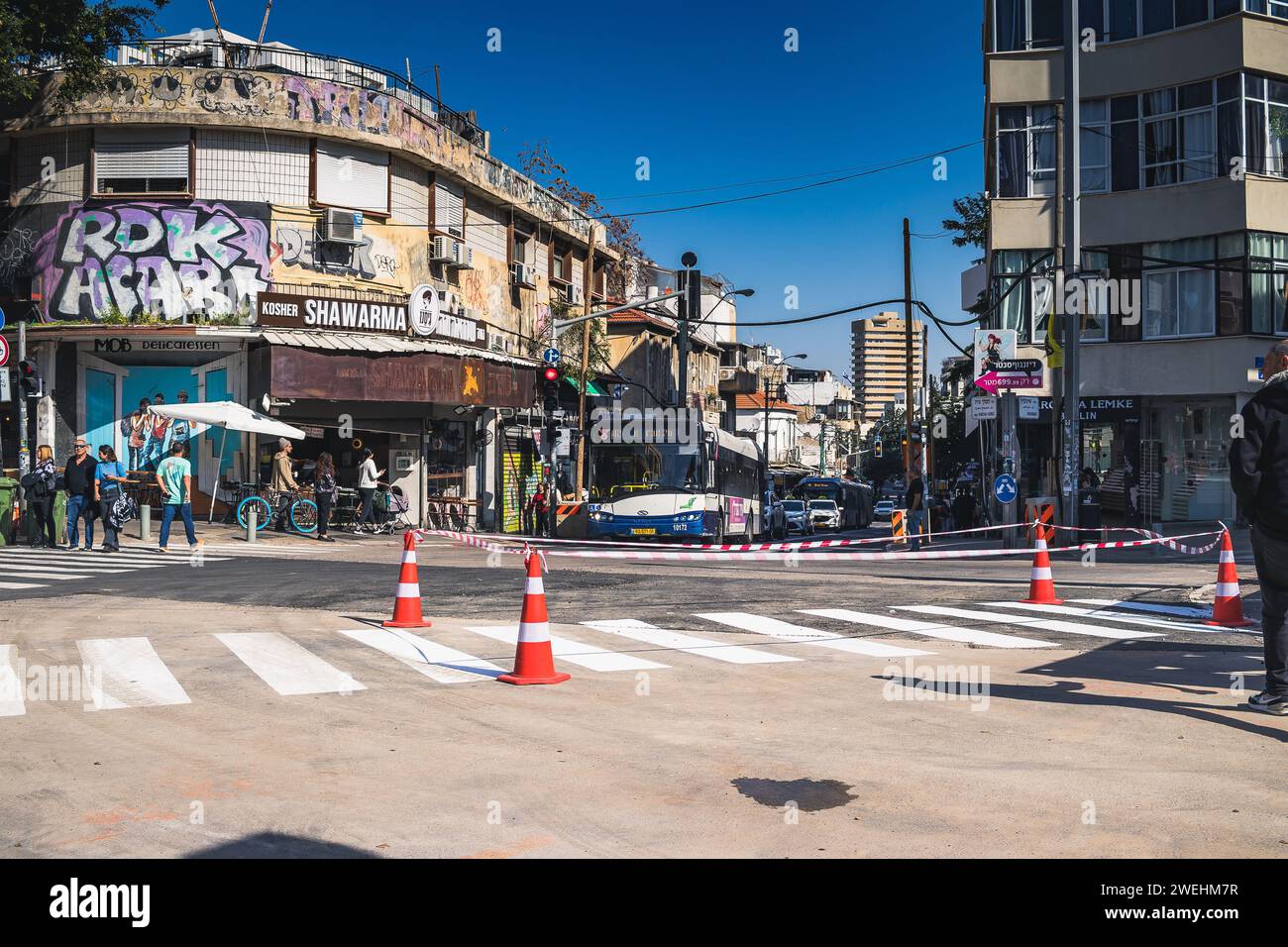 Tel Aviv, Israel - January 24, 2024 Local bus rolling in the downtown ...