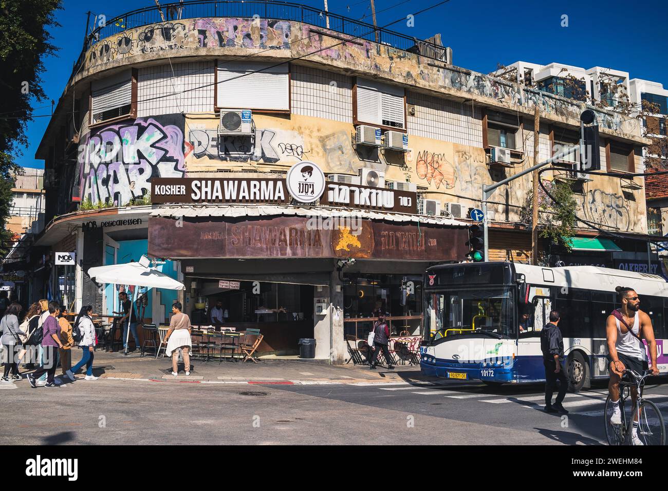 Tel Aviv, Israel - January 24, 2024 Local bus rolling in the downtown ...