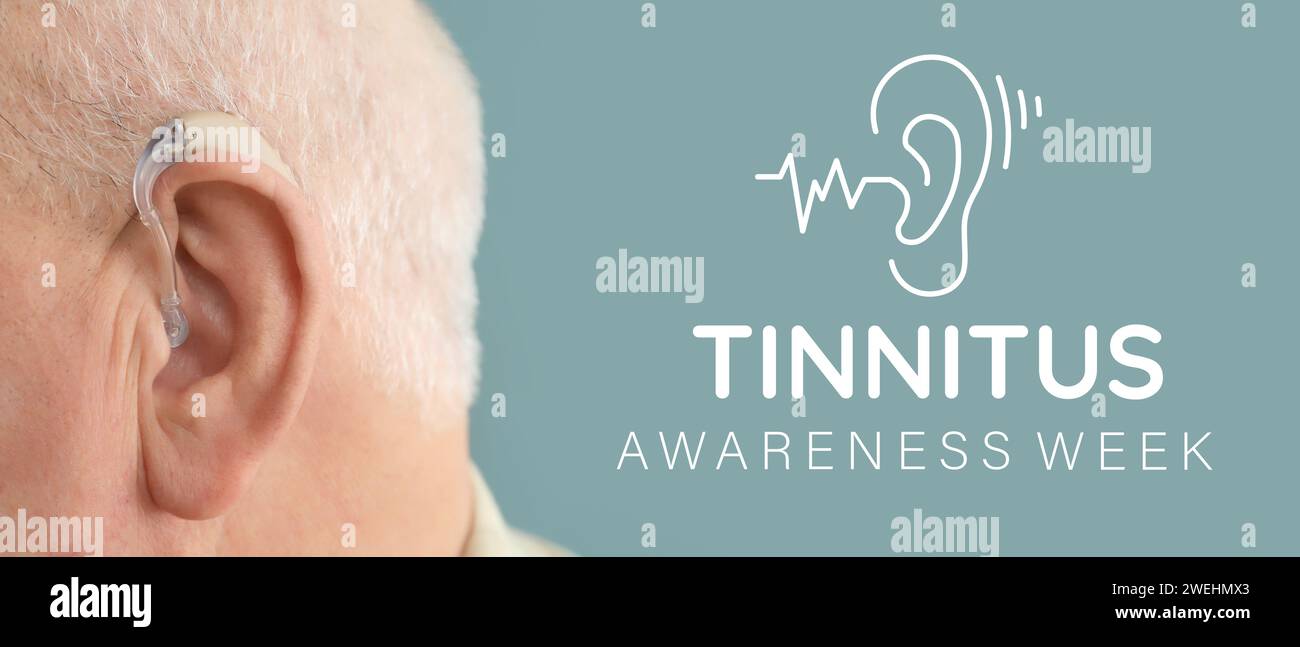 Banner for Tinnitus Awareness Week with senior man with hearing aid ...