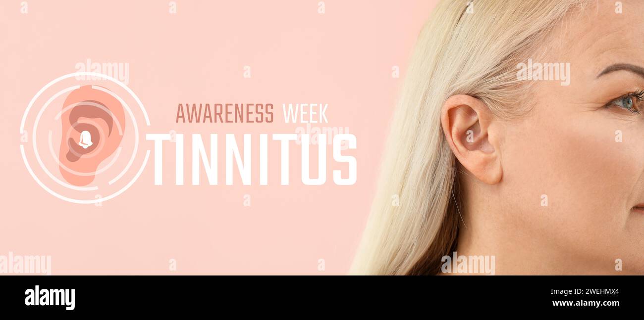 Banner for Tinnitus Awareness Week with mature woman having hearing ...