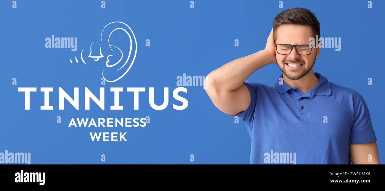 Banner for Tinnitus Awareness Week with young man having hearing ...