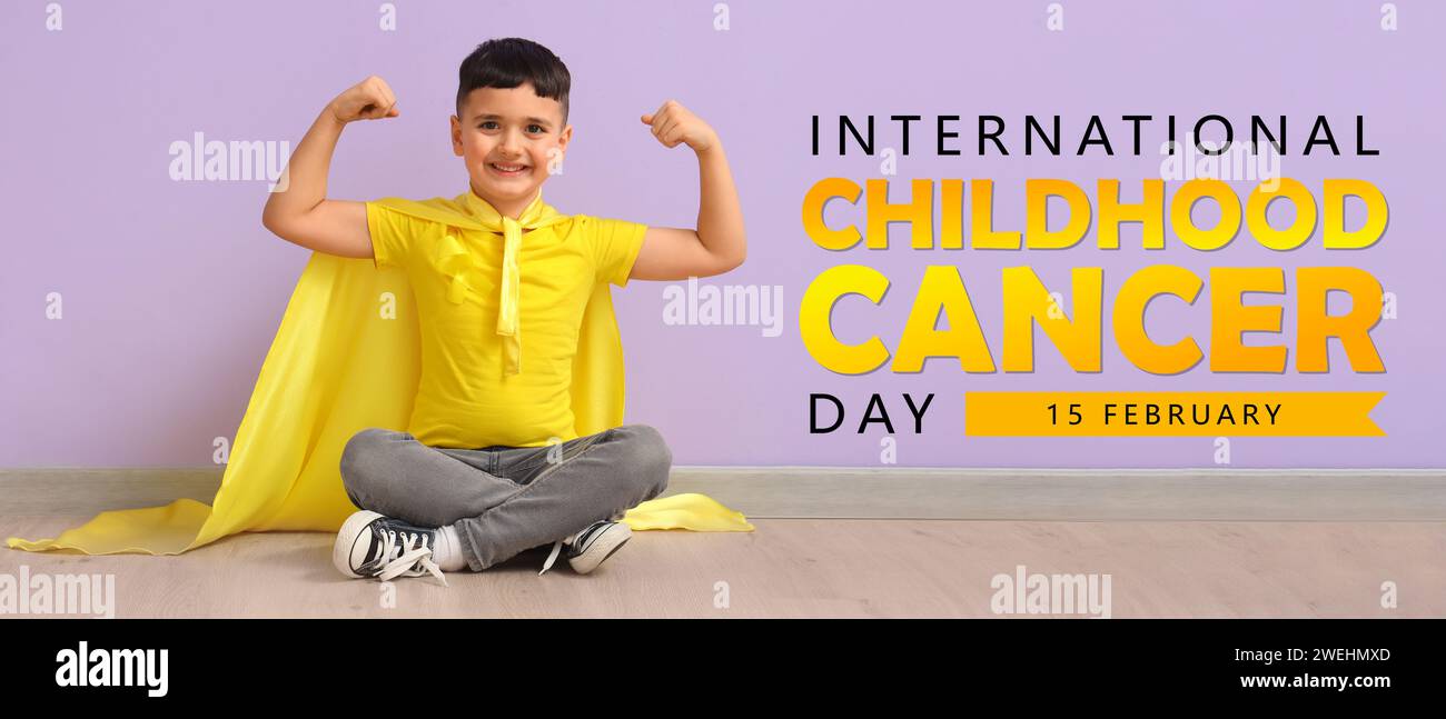 Little boy in superhero costume on lilac background. Banner for ...