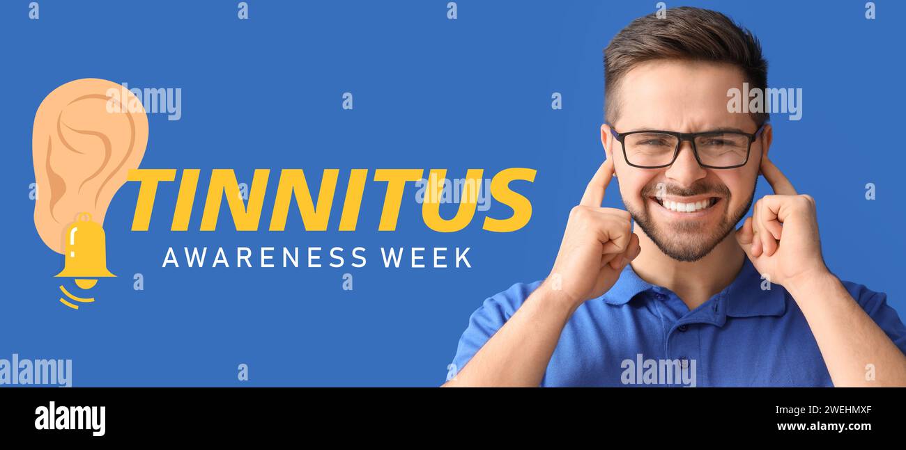 Banner for Tinnitus Awareness Week with young man having hearing ...