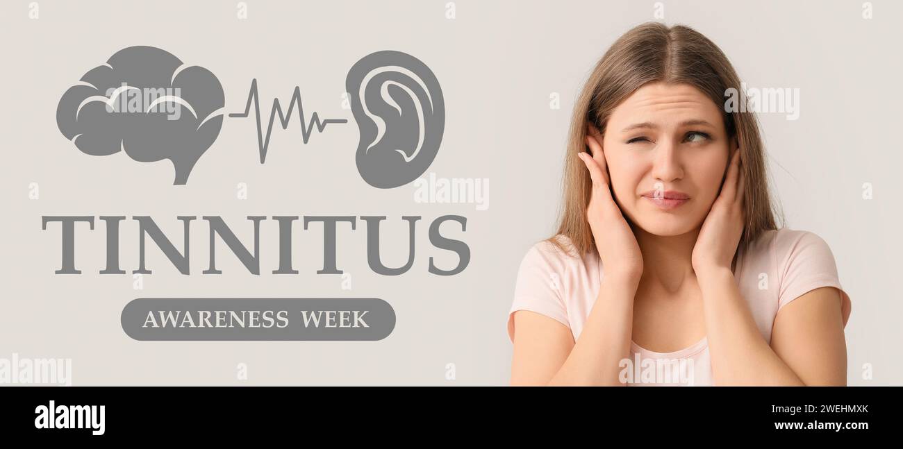 Banner for Tinnitus Awareness Week with young woman having hearing ...