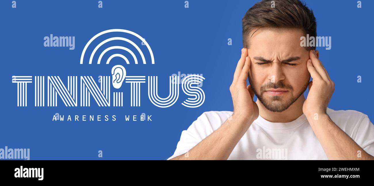 Banner for Tinnitus Awareness Week with young man having hearing ...