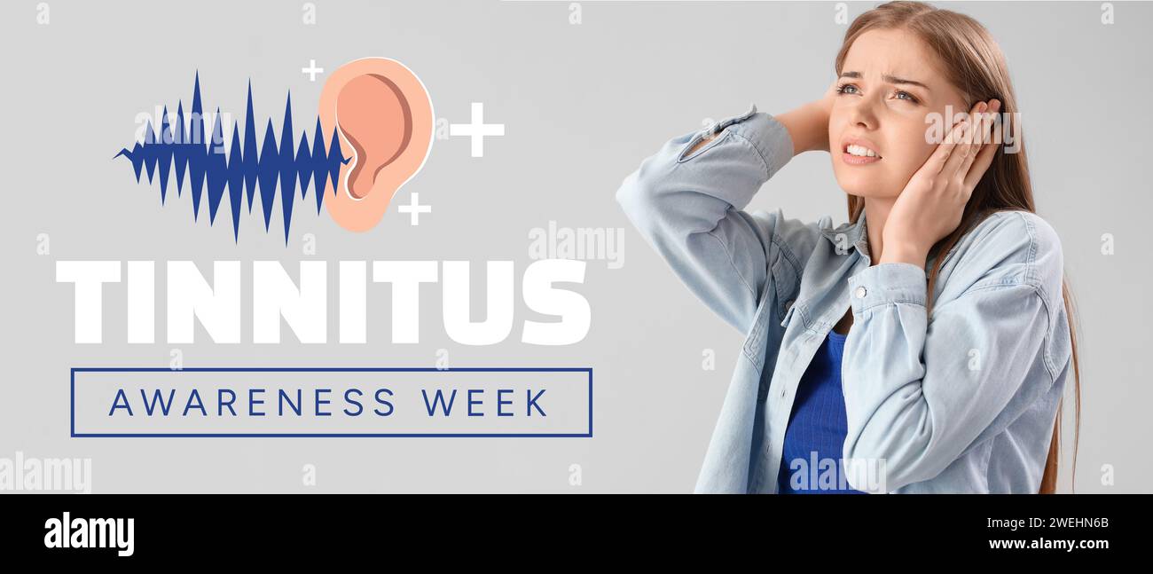 Banner for Tinnitus Awareness Week with young woman having hearing ...