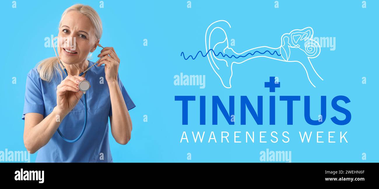 Banner for Tinnitus Awareness Week with mature female doctor with ...