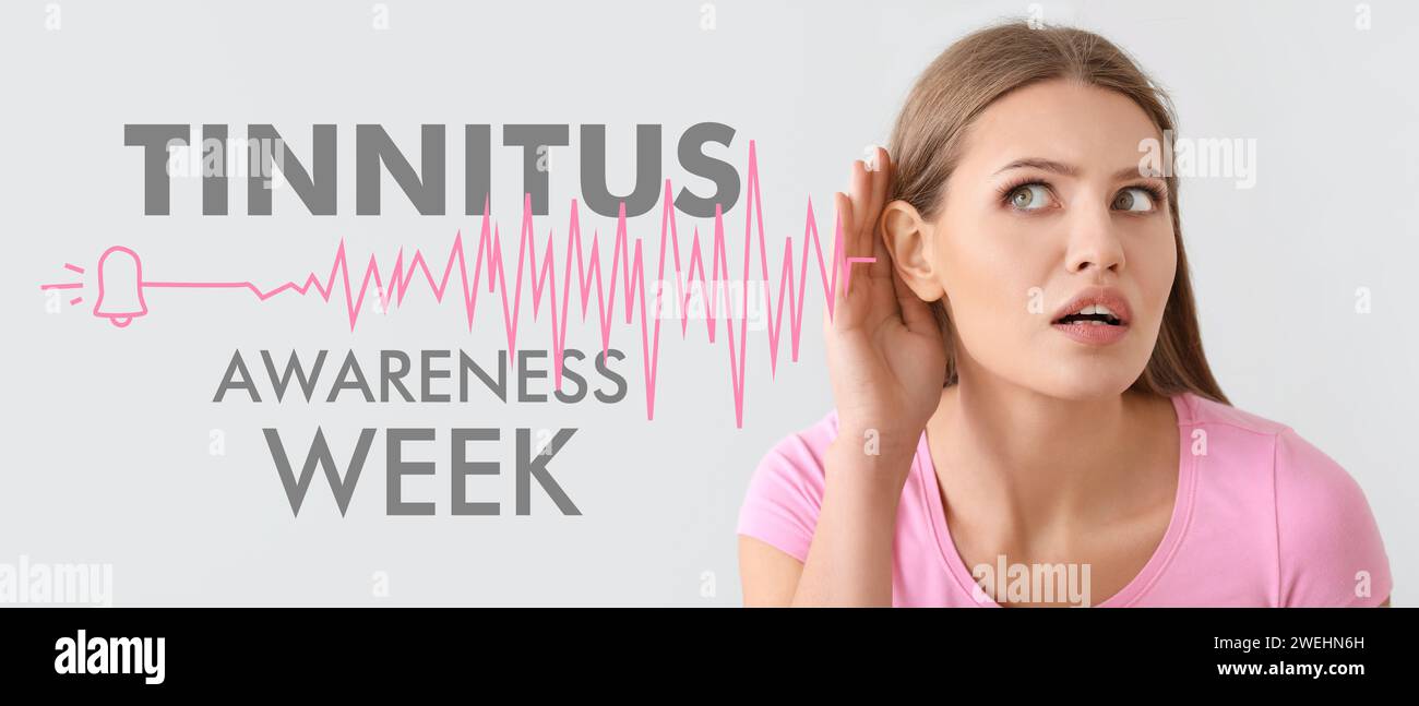 Banner for Tinnitus Awareness Week with young woman having hearing ...