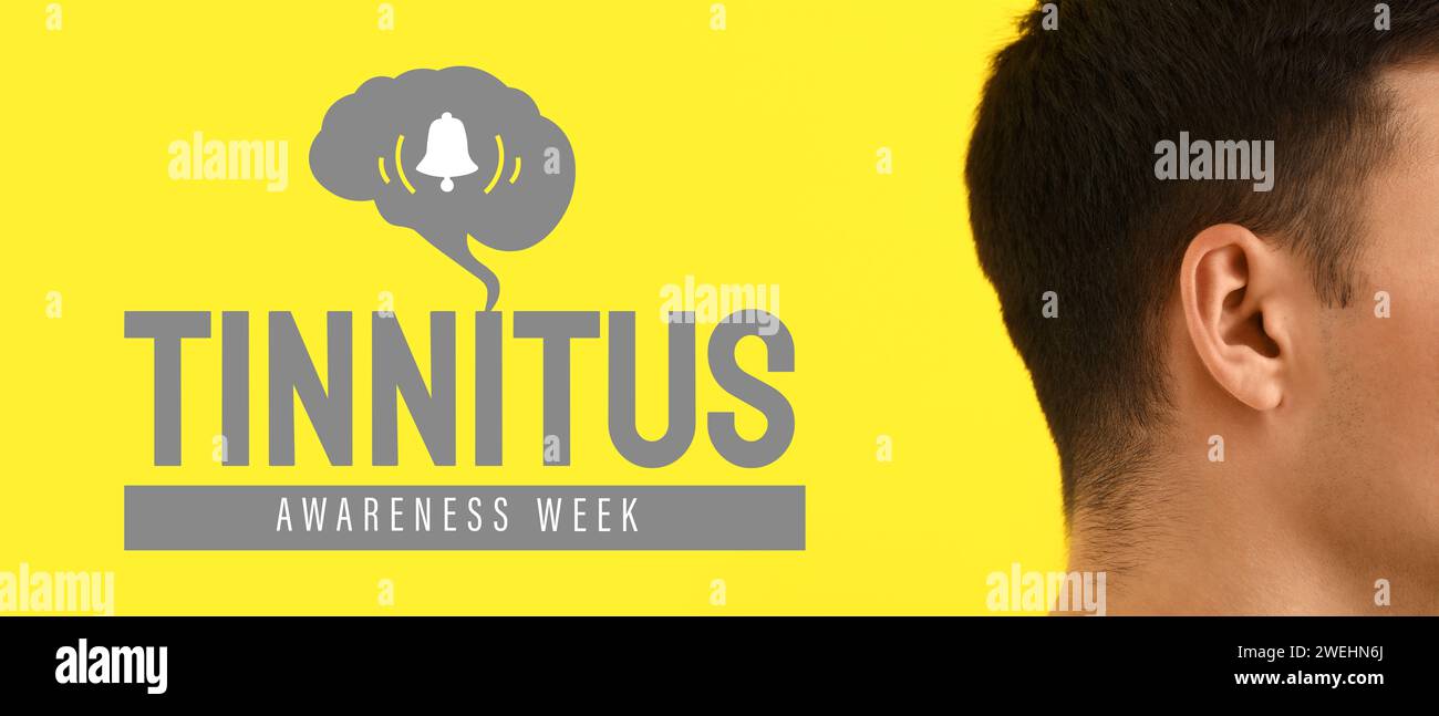 Banner for Tinnitus Awareness Week with young man having hearing ...