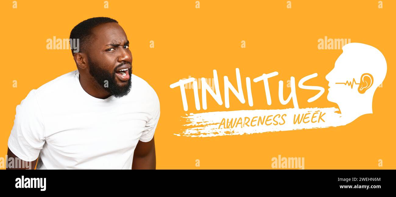 Banner for Tinnitus Awareness Week with African-American man having ...