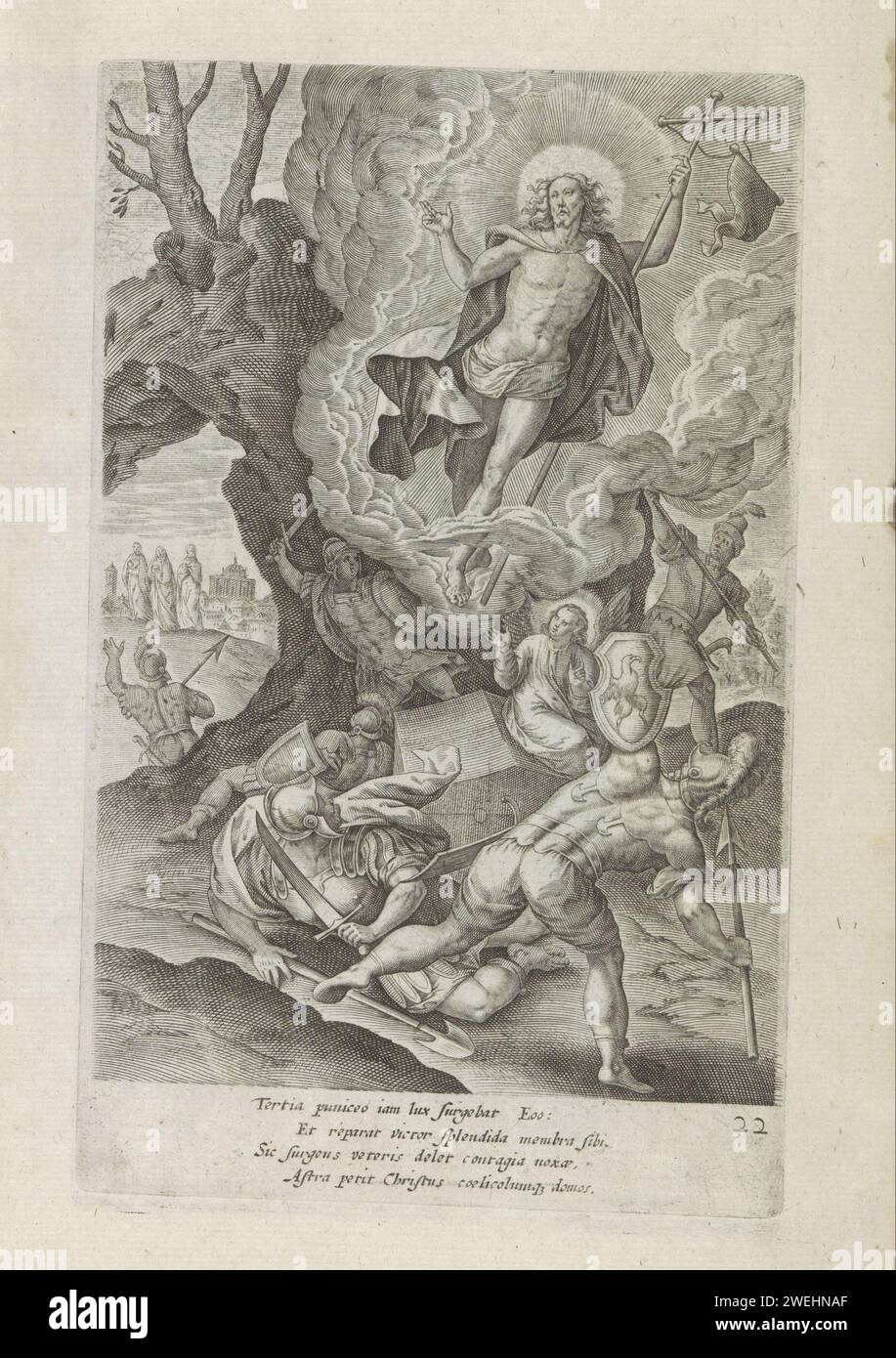 Resurrection of Christ, 1585 print Christ rises from his grave with a ...