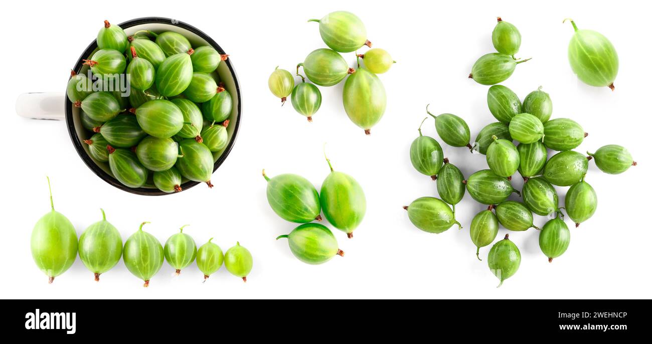 Collage of fresh green gooseberries on white background, top view Stock ...