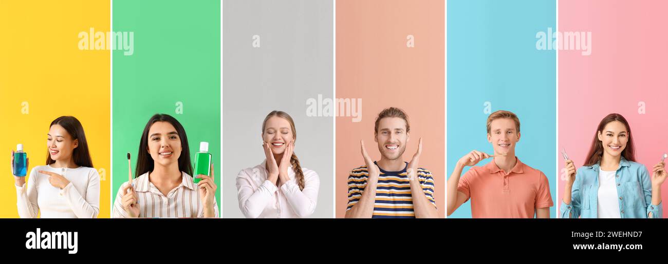 Collage of people with healthy teeth on color background. Dentistry ...