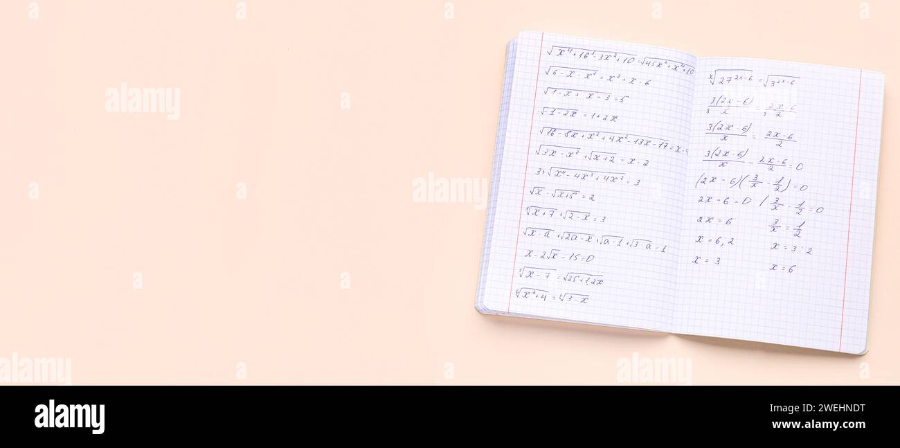 Copybook with maths formulas on beige background with space for text ...