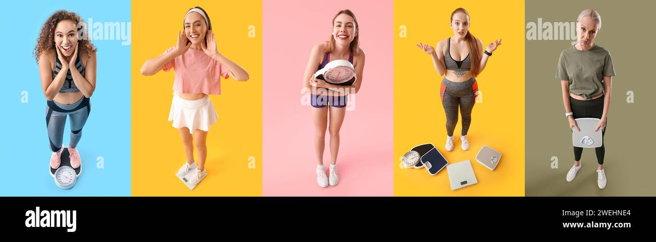 Group of women with weight scales on color background. Diet concept ...