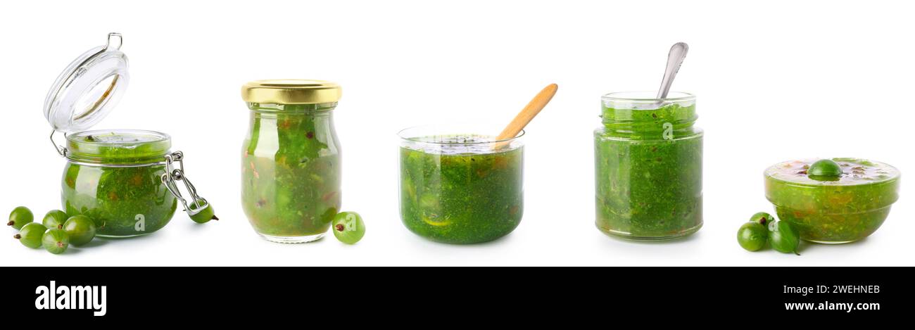 Collage of sweet green gooseberry jam on white background Stock Photo ...