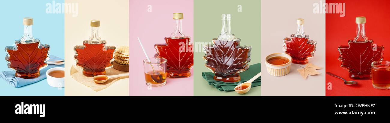 Collage of bottles with tasty maple syrup on color background Stock ...