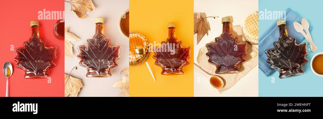 Collage of bottles with tasty maple syrup on color background, top view ...