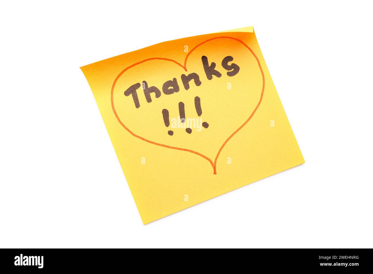 Sticky note with word THANKS, exclamation marks and drawn heart on ...