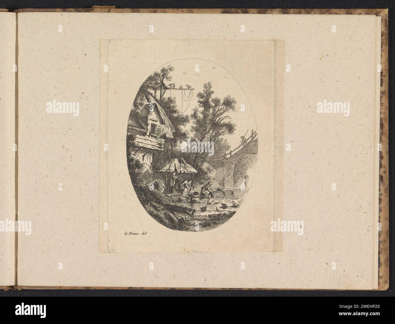 Landscape with women doing the laundry in a river, 1600 - 1699 print Oval landscape. Three women ...