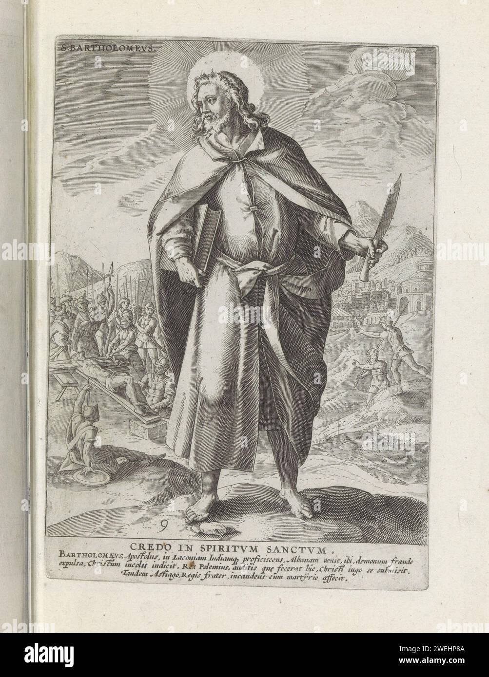 Bartolomeüs, 1585 print The apostle Bartolomeus standing with a book in one hand and a knife in ...