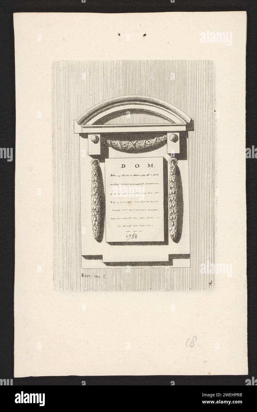 Epitaaf met Fronton, Raux, 1758 print Epitaab with HiFrond Fronton and ...