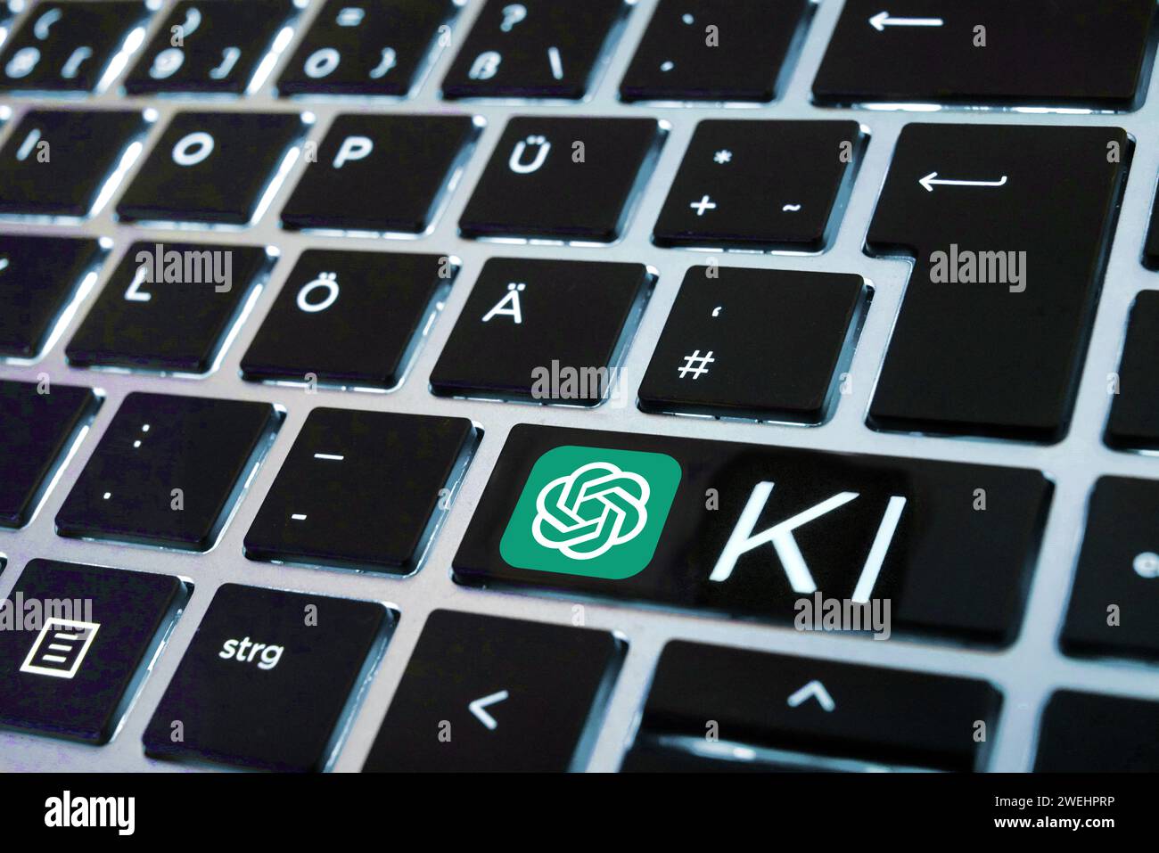 PHOTO MONTAGE! - Artificial Intelligence. Close-up of a laptop keyboard ...