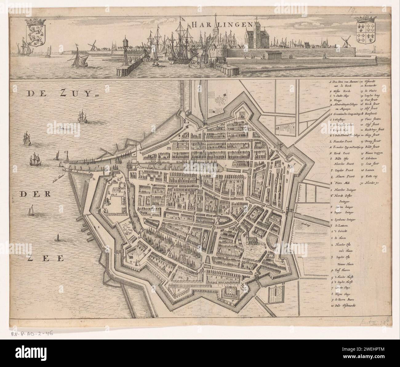 Map of Harlingen with cityscape, 1664 print At the top of a cityscape ...