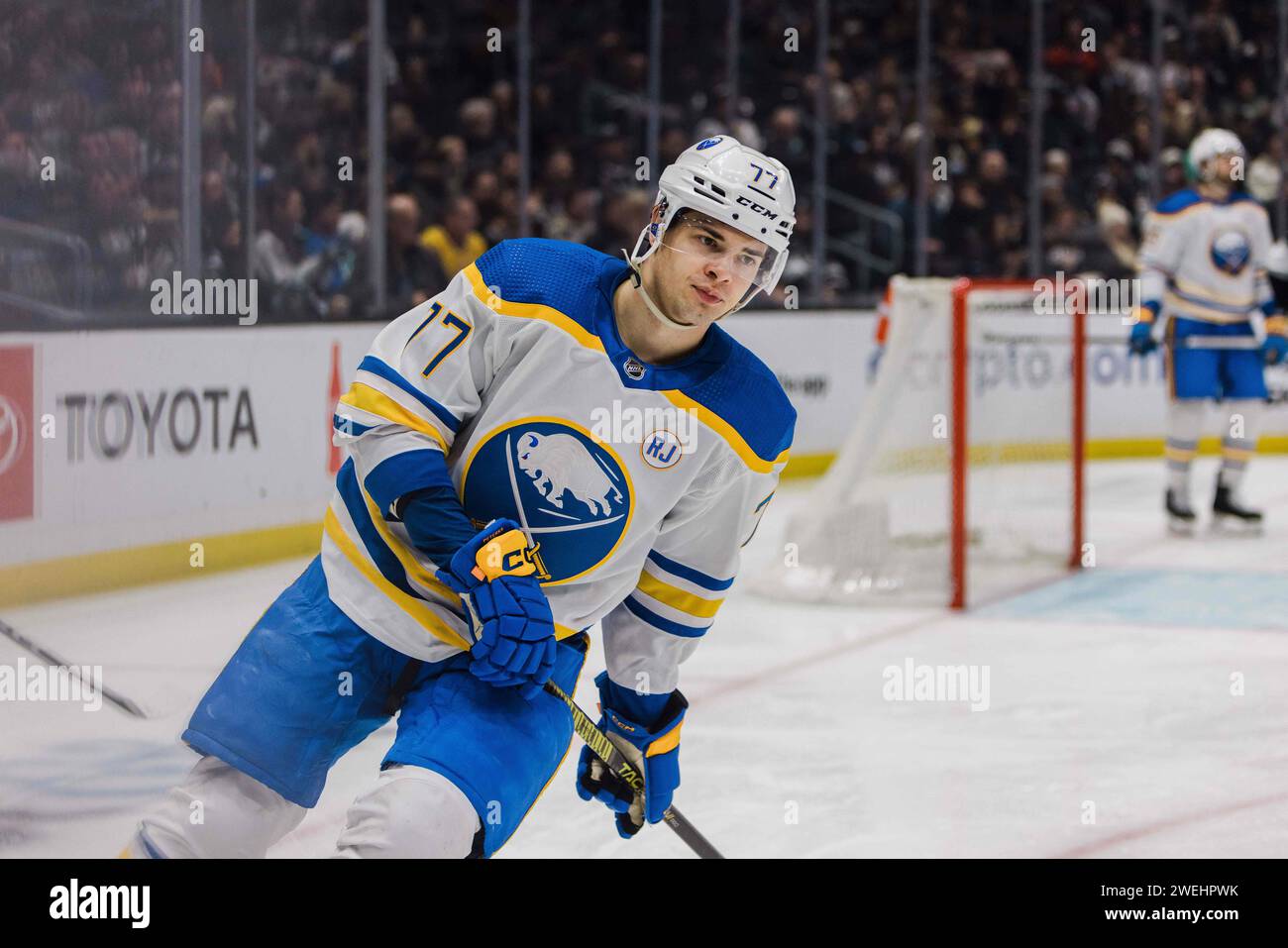 Los Angeles, California, USA. 24th Jan, 2024. JJ PETERKA of the NHL's Buffalo Sabres prepares ...