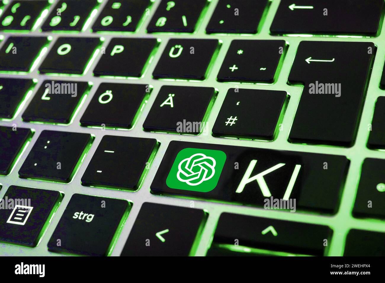 PHOTO MONTAGE! - Artificial Intelligence. Close-up of a laptop keyboard ...