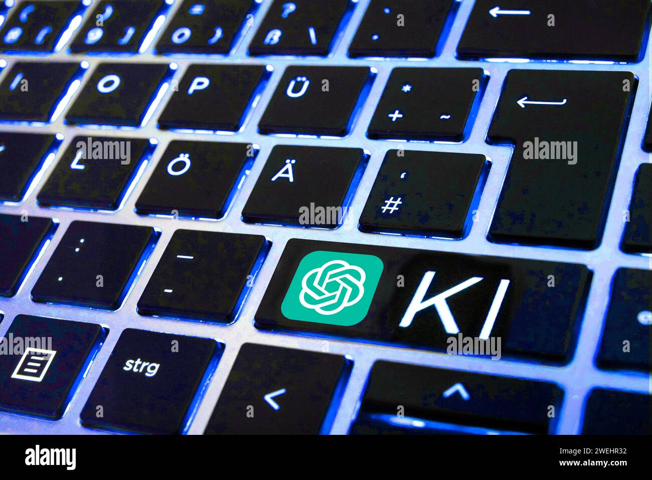 PHOTO MONTAGE! - Artificial Intelligence. Close-up of a laptop keyboard ...