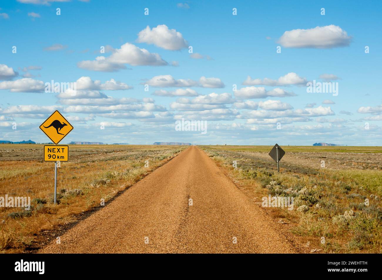 Warning kangaroo sign along an unfenced section of a road in outback ...
