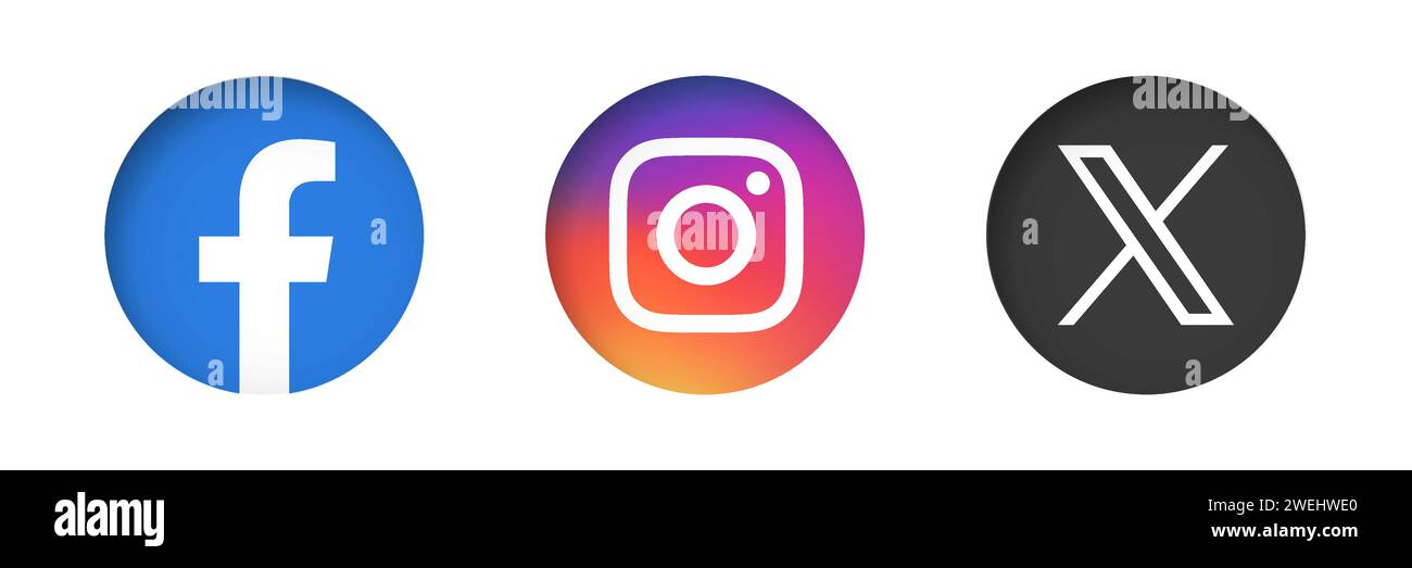 Social media app icon set. Facebook, Instagram and X, former Twitter ...