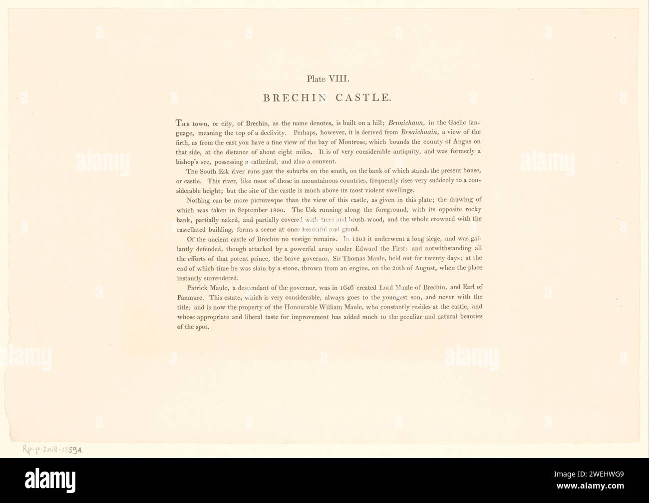 Text sheet with a print from Brechin Castle, William Miller, 1801 text ...