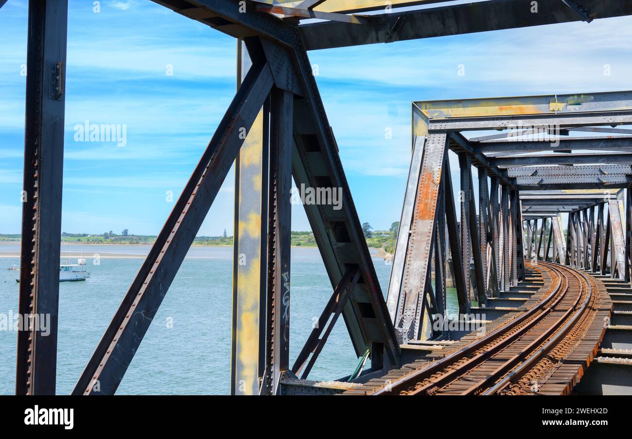 Tauranga Railway Bridge across harbour between downtown and Matapihi ...