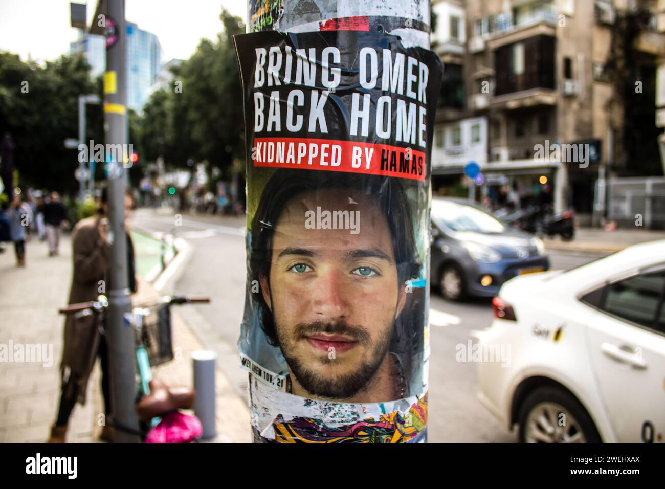 Tel Aviv, Israel - January 25, 2024 Posters of the face of the hostages ...