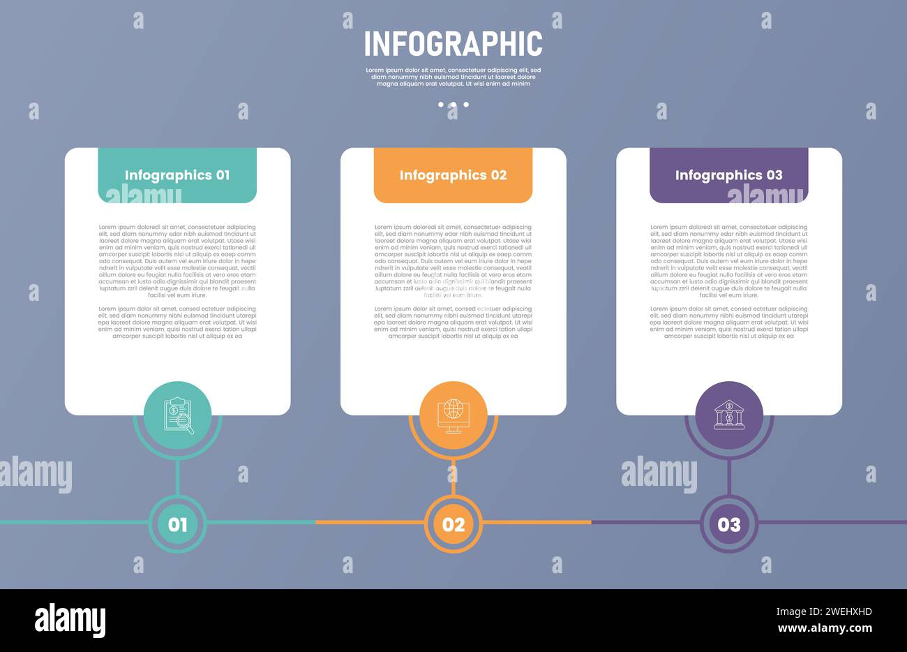 3 point stage or step infographic template with table box horizontal ...