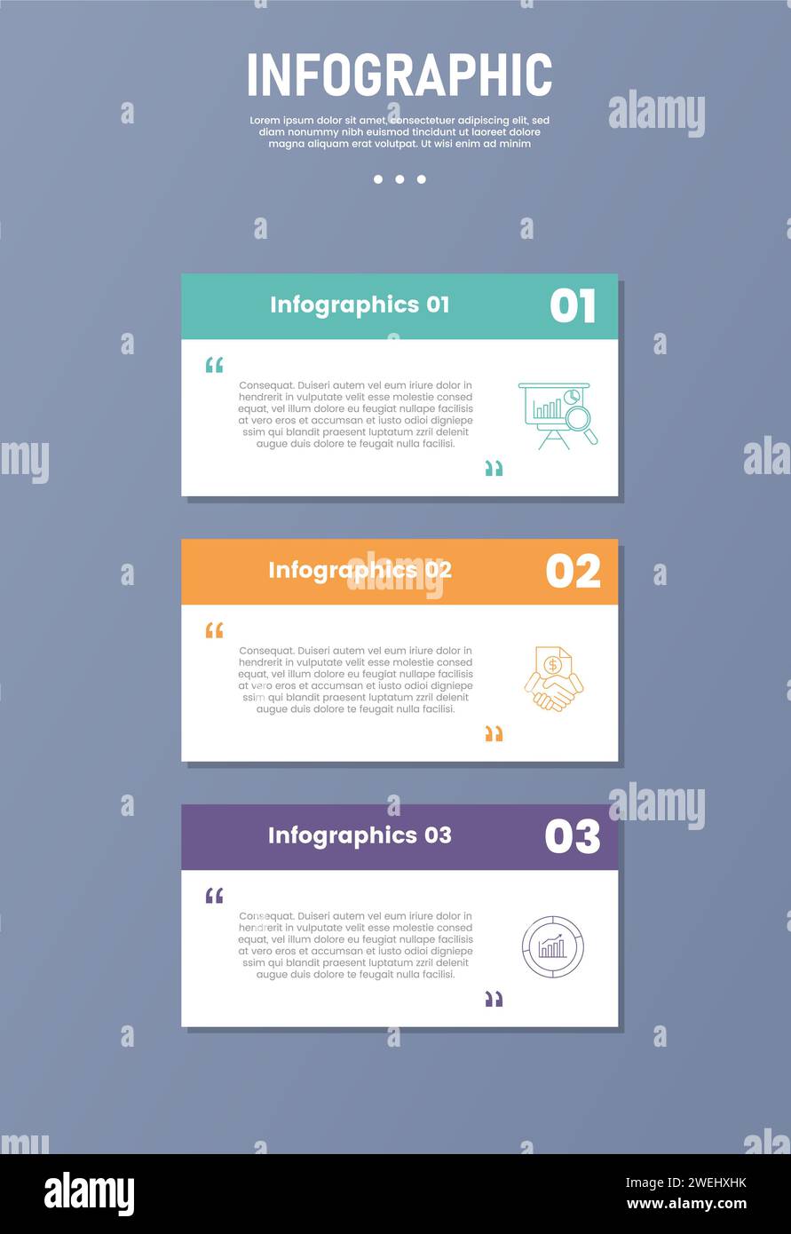 3 point stage or step infographic template with box table with header ...