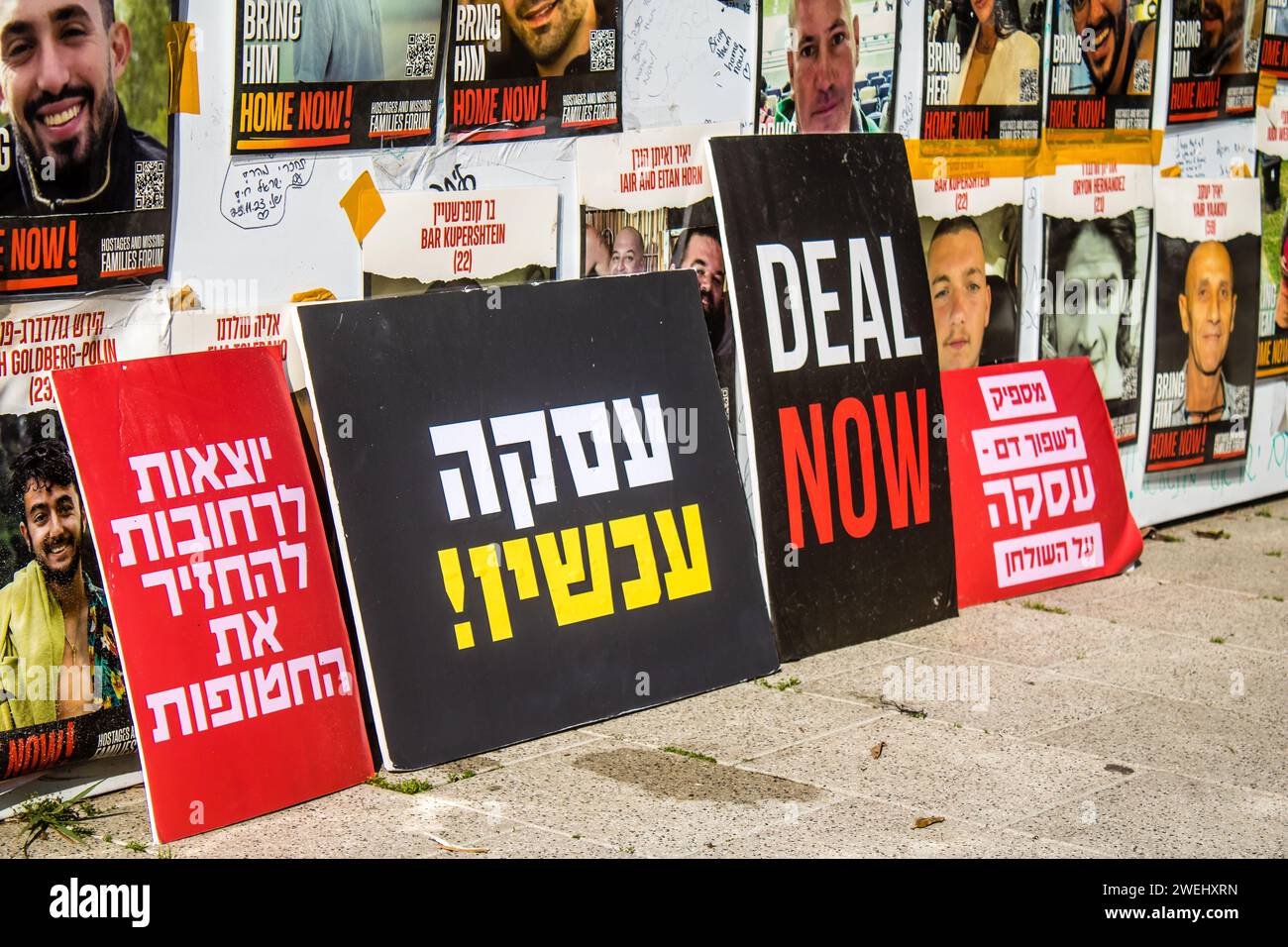 Tel Aviv, Israel - January 25, 2024 Posters of the face of the hostages ...